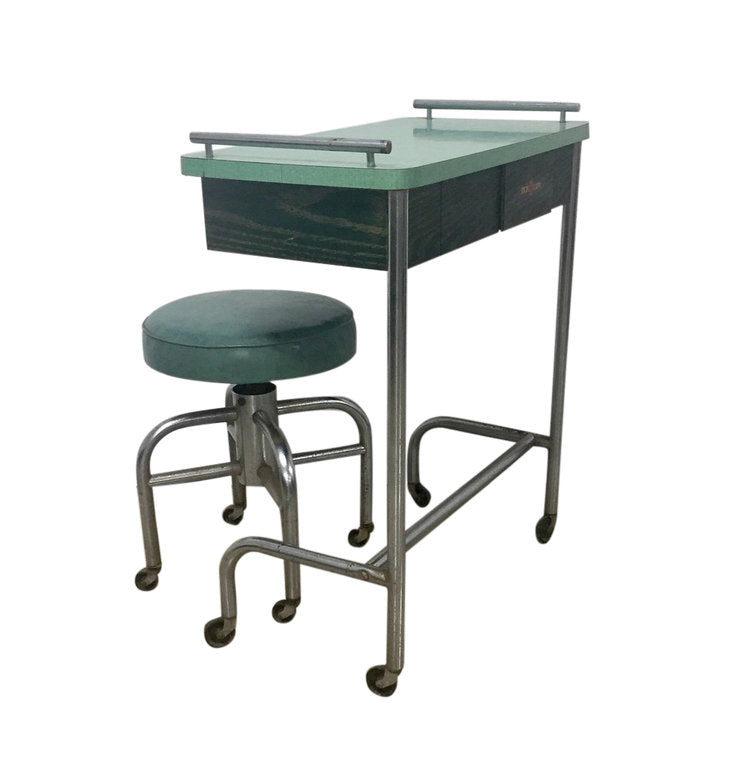 Vintage industrial tubular steel rolling stool and cantilevered table ...